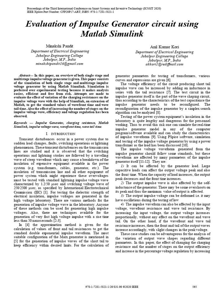 Evaluation of Impulse Generator Circuit Using Matlab Simulink | PDF | Capacitor | Capacitance