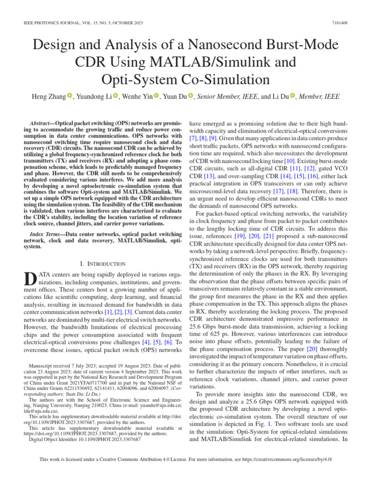 Design and Analysis of A Nanosecond Burst-Mode CDR Using MATLAB Simulink and Opti-System Co ...