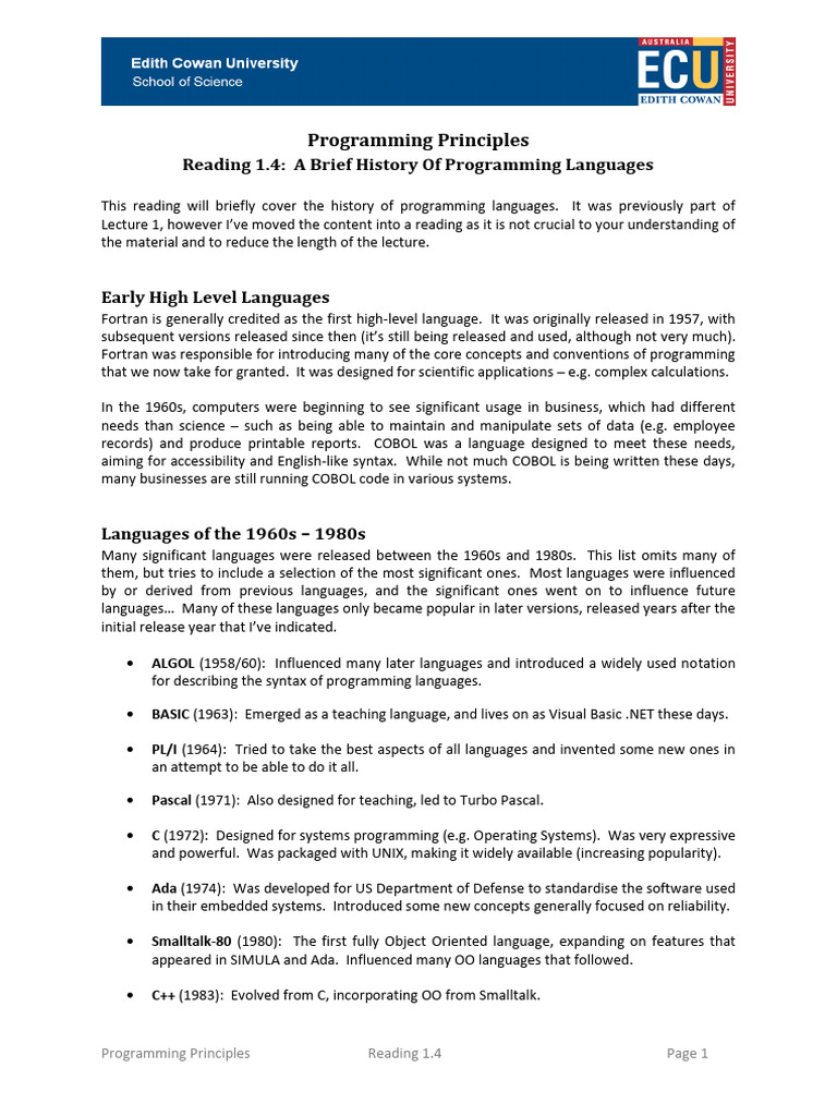 ProgPrinc Reading 1.4 A Brief History of Programming Languages | PDF ...