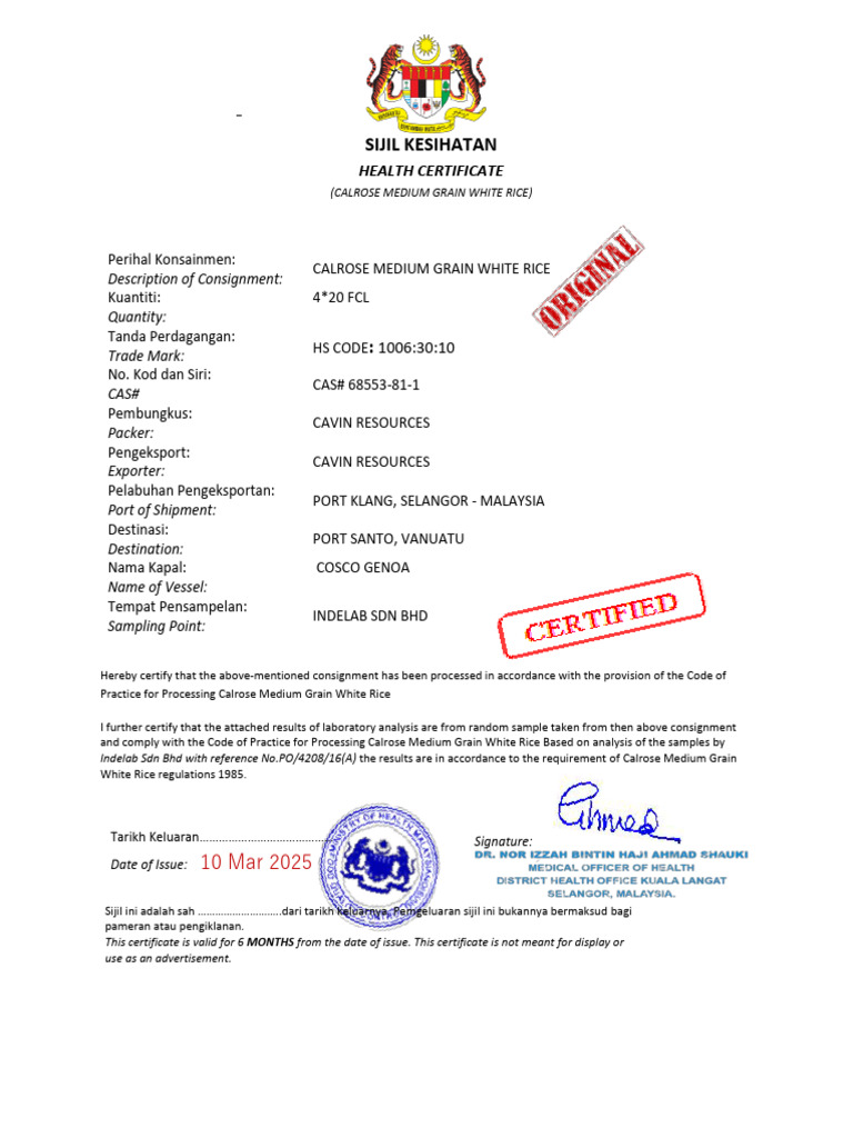 Health Certificate Calrose Medium Grain White Rice | PDF