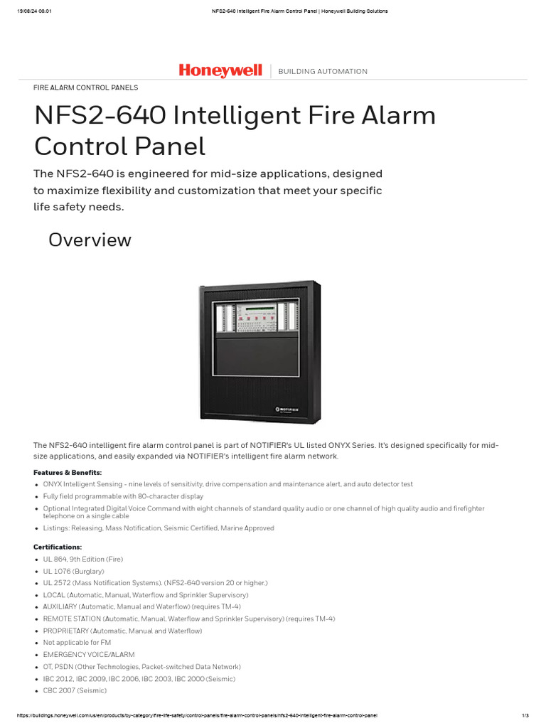 NFS2-640 Intelligent Fire Alarm Control Panel - Honeywell Building Solutions | PDF | Equipment