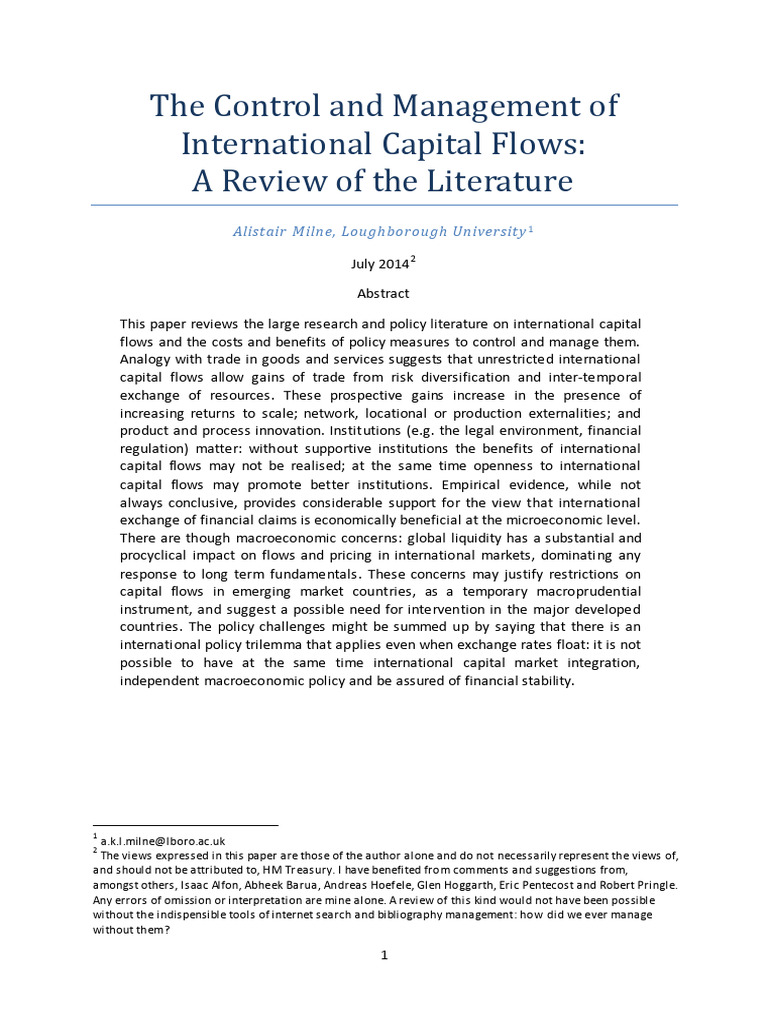 The Control and Management of International Capital Flows - A Review of ...