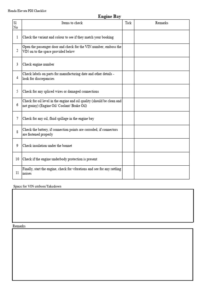 Honda Elevate Pre-Delivery Inspection Checklist | PDF | Trunk (Car ...