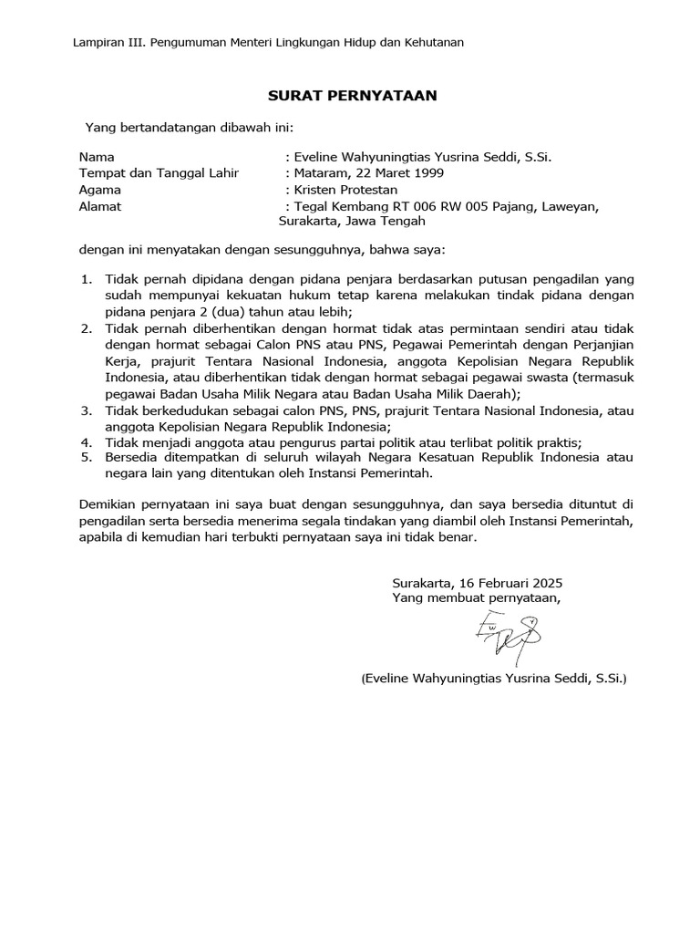Lampiran III. Surat Pernyataan 5 Poin_eveline Wahyuningtias Yusrina Seddi | PDF