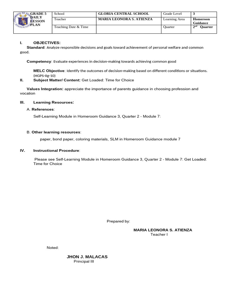 Grade 5 Homeroom Guidance Lesson Plans | PDF | Teachers | Learning