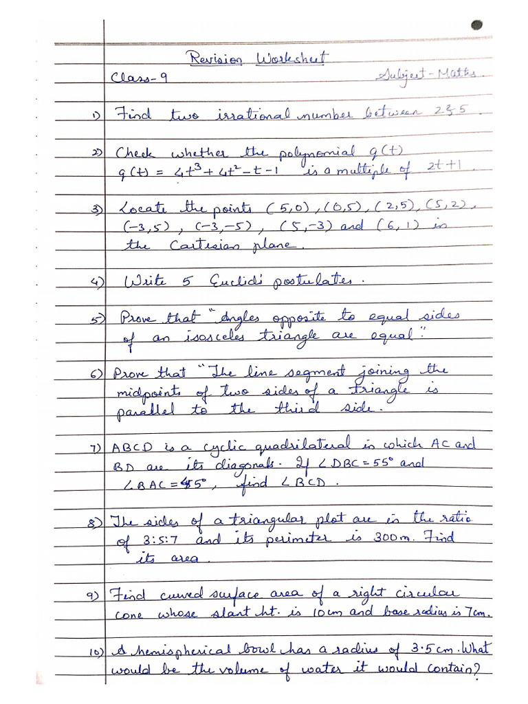 STD 9 Maths Revision Worksheet | PDF