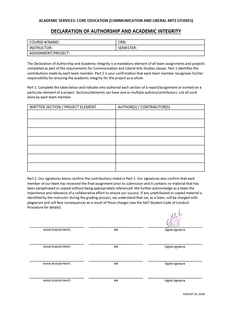 Declaration of Authorship and Academic Honesty - DigitalSign1 - 2025 ...