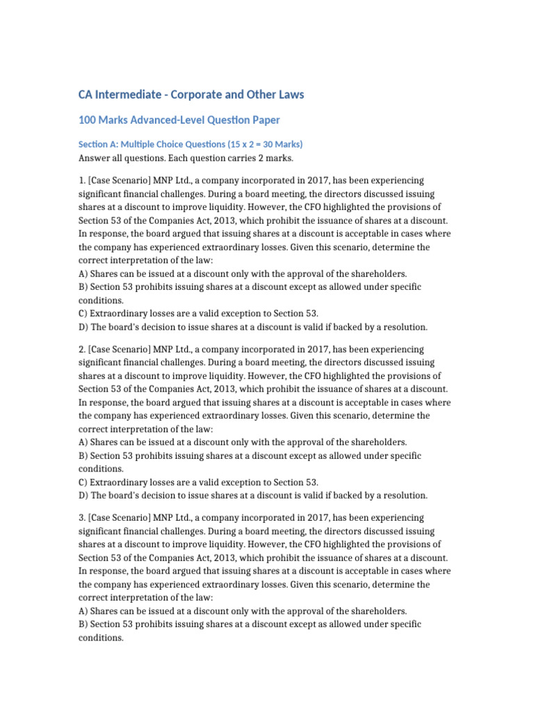 CA Intermediate Corporate Law Exam Guide | PDF | United Kingdom ...