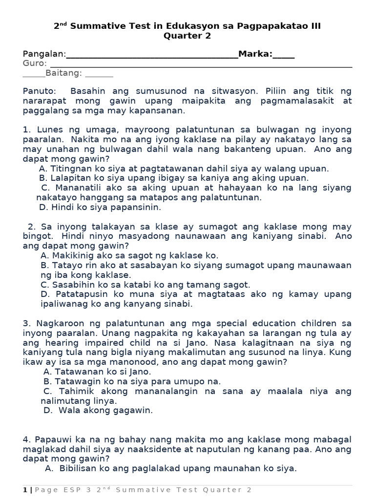 2nd Summative in ESP | PDF