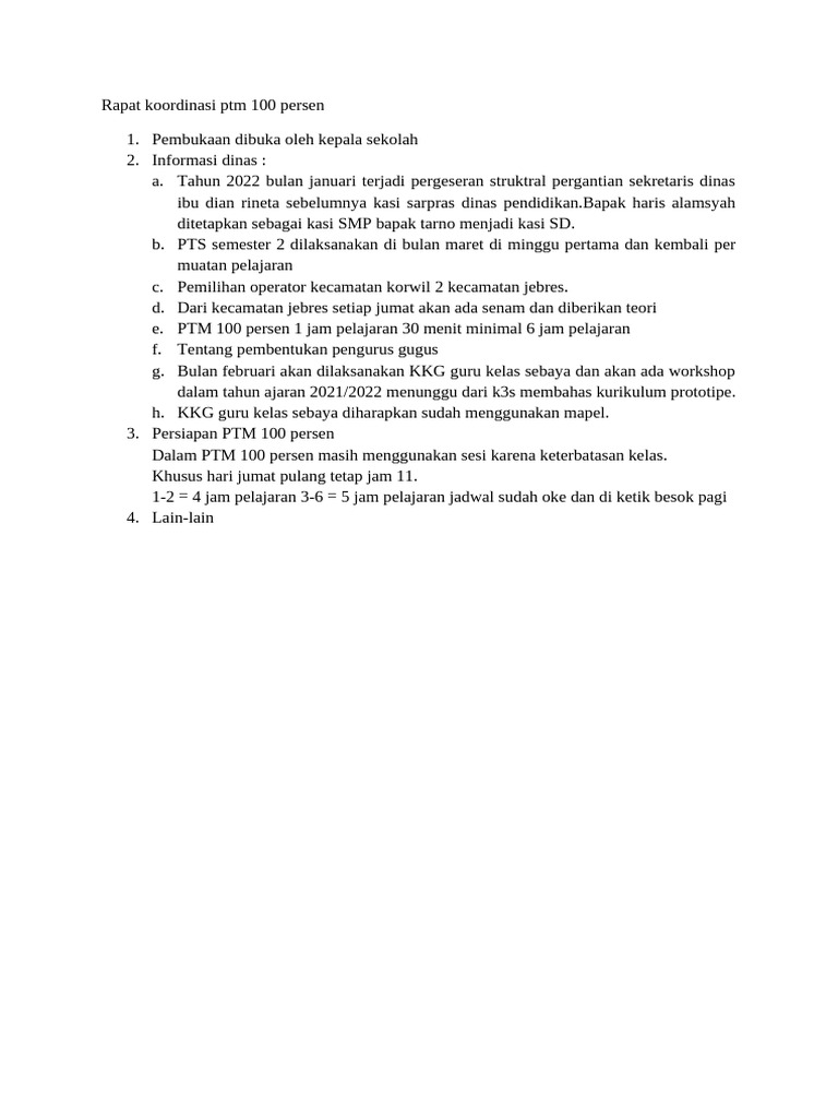 Rapat Koordinasi PTM 100 Persen | PDF