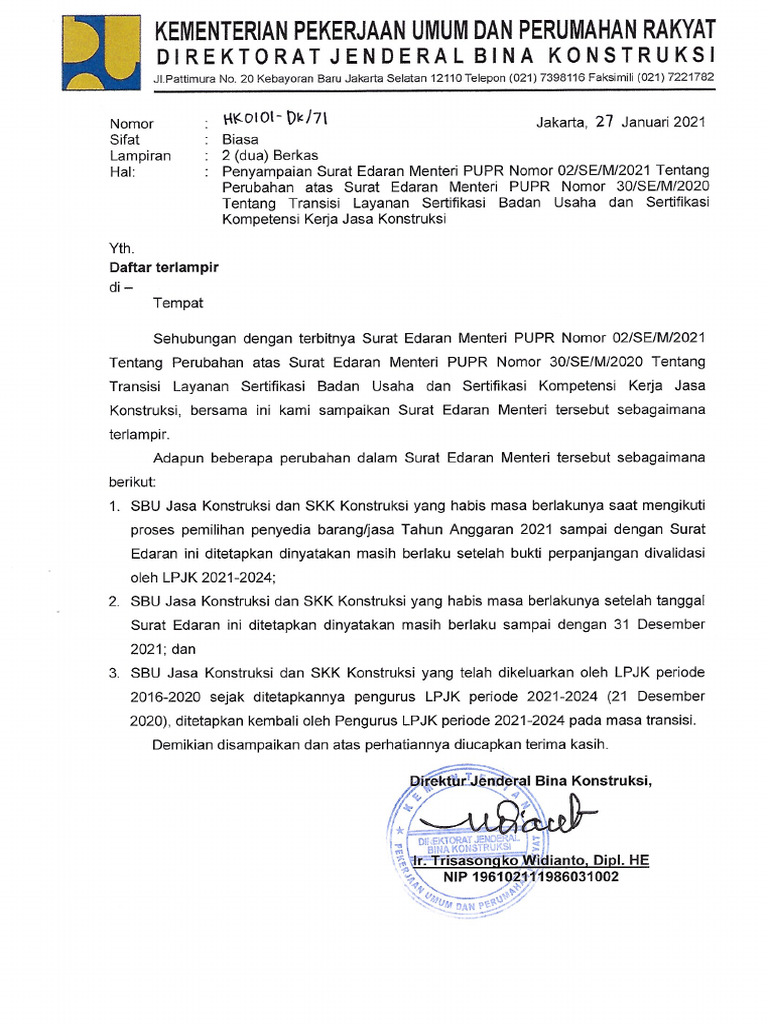 Surat Dirjen Bina Konstruksi TTG Penyampaian Perubahan SE Menteri PUPR ...