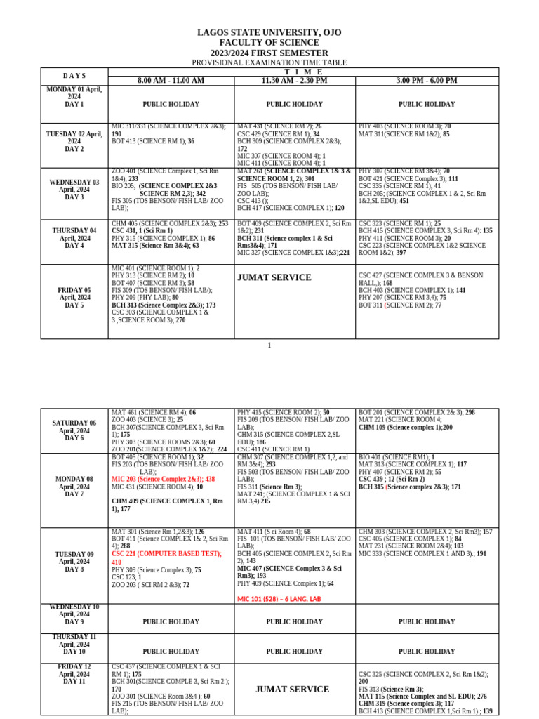 1st-Final 2023-2024 - FOS FIRST - SEMESTER - EXAMINATION - TIME-TABLE | PDF