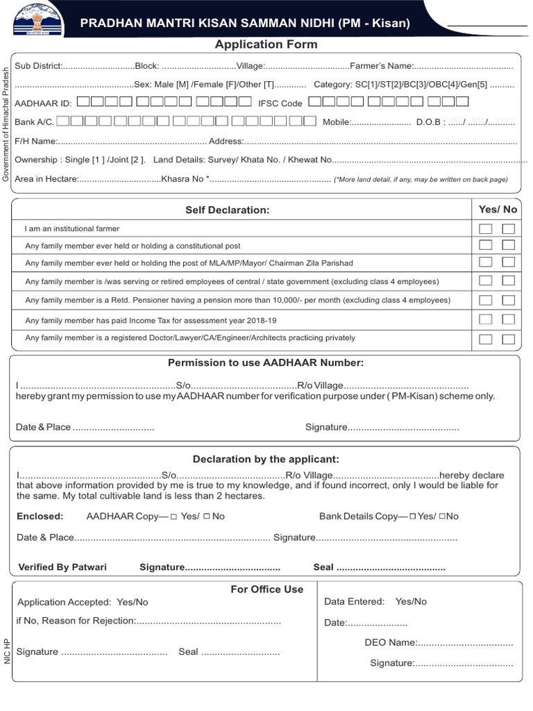 PM Kisan Samman Nidhi Application Form | PDF | Government | Government ...