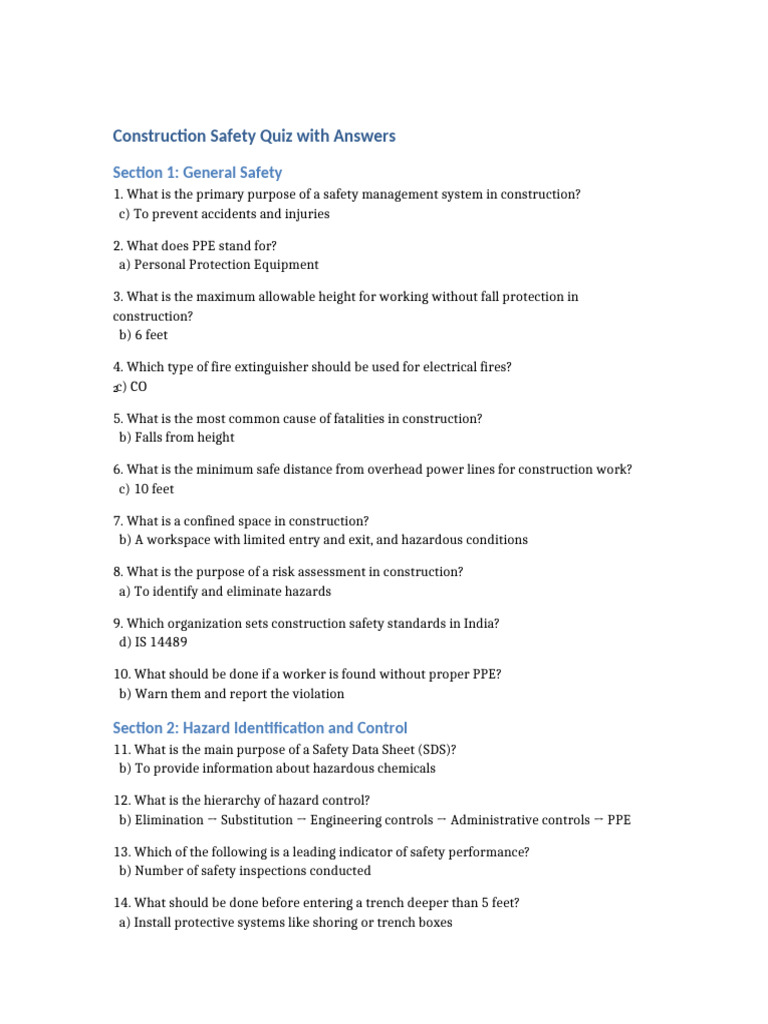 Construction Safety Quiz with Answers | PDF | Personal Protective ...