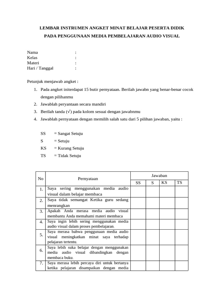 Lembar Instrumen Angket Minat Belajar Peserta Didik | PDF