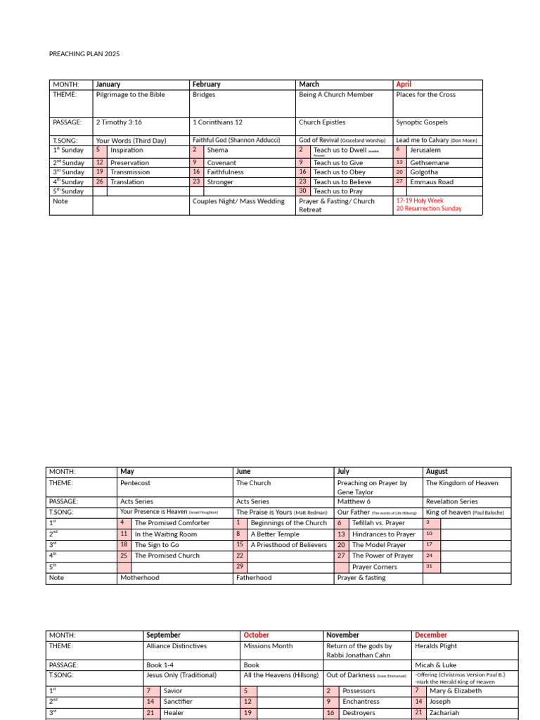2025 Preaching Calendar Overview | PDF | Jesus | Prayer