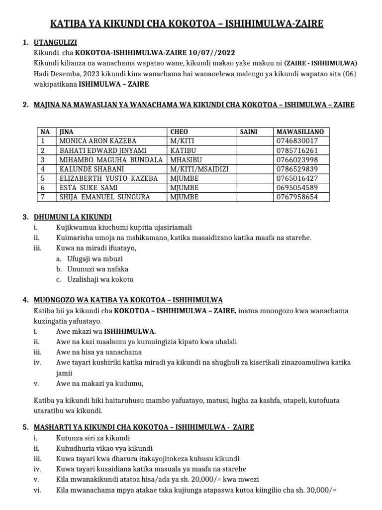 KATIBA YA KIKUNDI CHA KOKOTOA | PDF