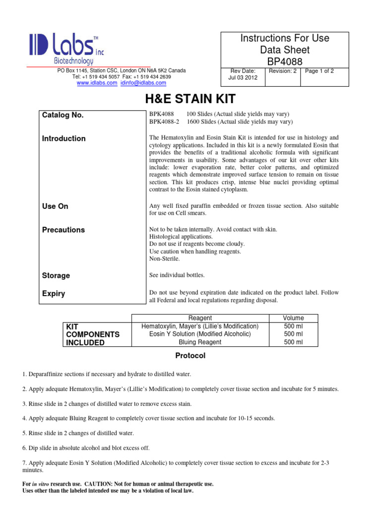 H&E Stain Kit Instructions and Data Sheet | PDF | Staining | Anatomy