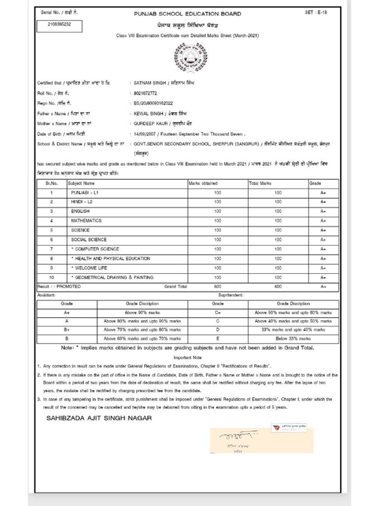 Class 8th Certificate | PDF