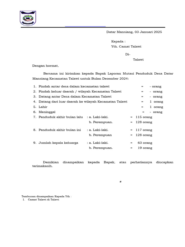 Laporan Mutasi Penduduk Datar Mansiang | PDF