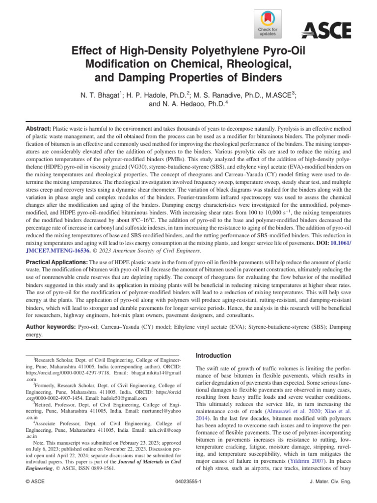 ASCE Paper Bhagat Et Al. 2023 | PDF | Road Surface | Pyrolysis
