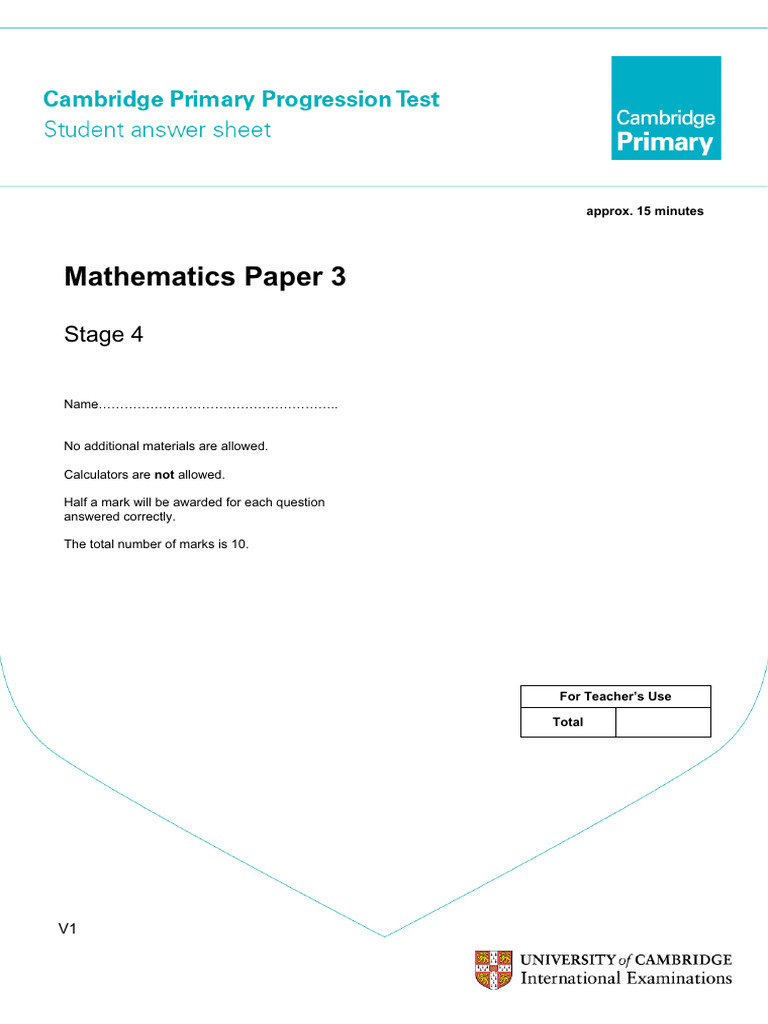Cambridge Primary Progression Test - Stage 4 Math AS 2011 | PDF ...
