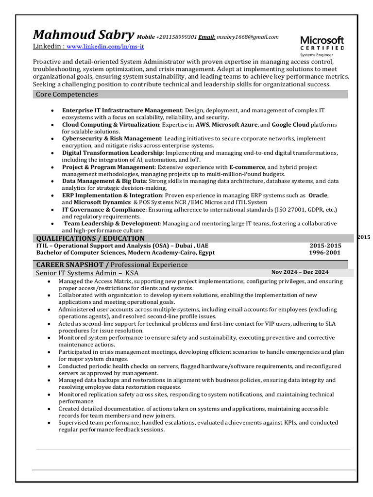 CV_Admin_01012025 | PDF | Cloud Computing | Computer Security