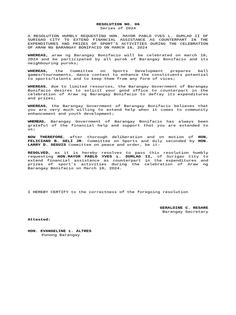 RESOLUTION Araw NG Barangay | PDF