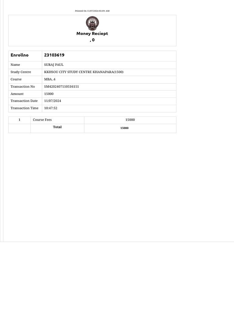MBA Course Fee Receipt - Suraj Paul | PDF