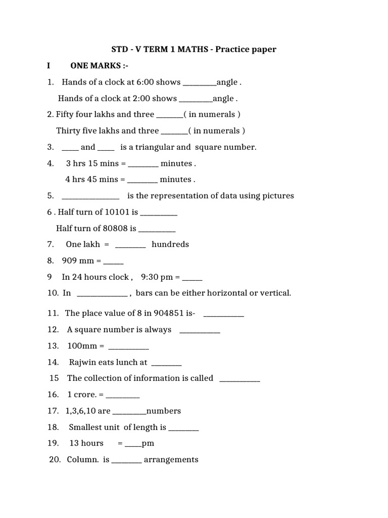 STD 5 Maths Term 1 Practice Paper | PDF