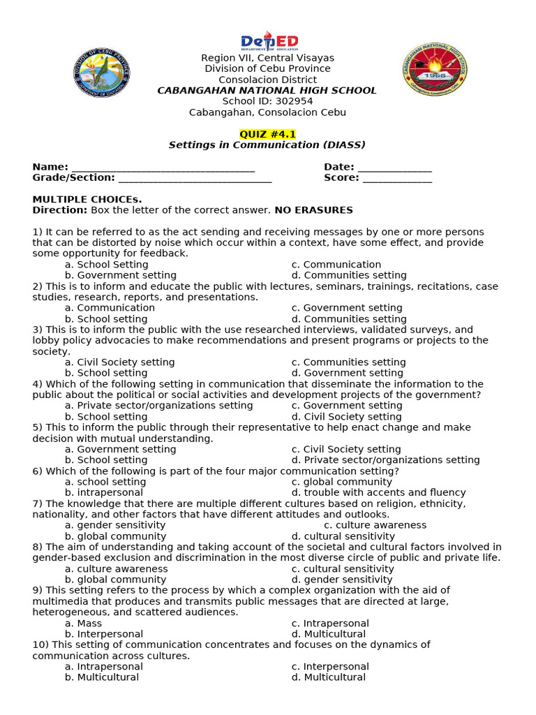 Quiz on Communication Settings and Barriers | PDF | Communication ...