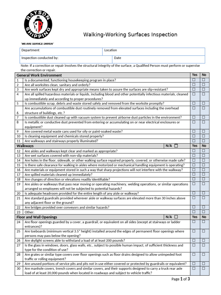 Walking Working Surfaces Inspection Checklist | PDF | Stairs
