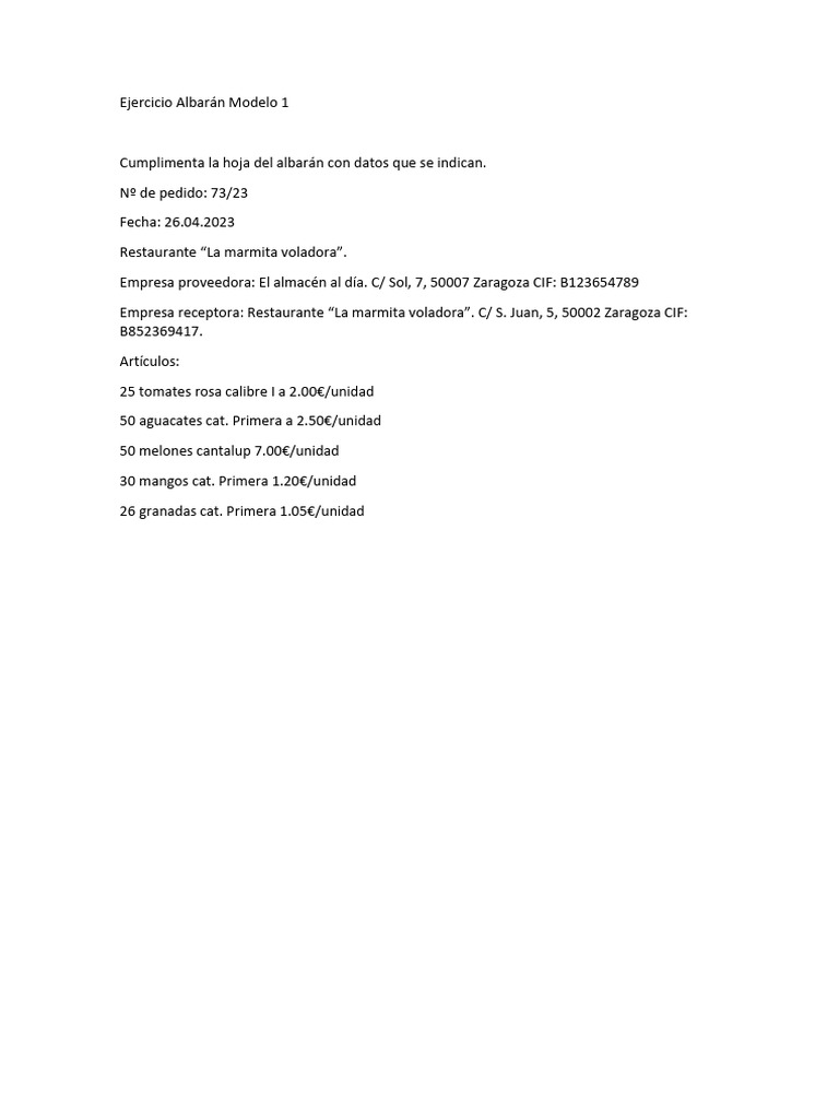 Ejercicio Albarán Modelo 1 | PDF