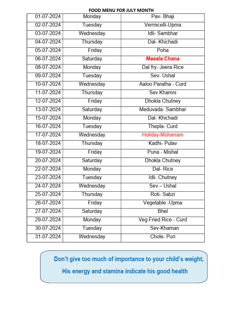 July Healthy Meal Plan for Kids | PDF