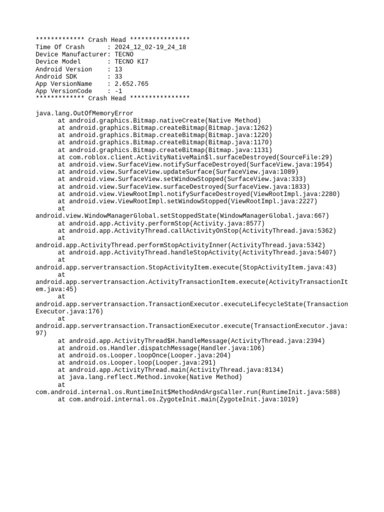 TECNO KI7 OutOfMemoryError Crash Log | PDF