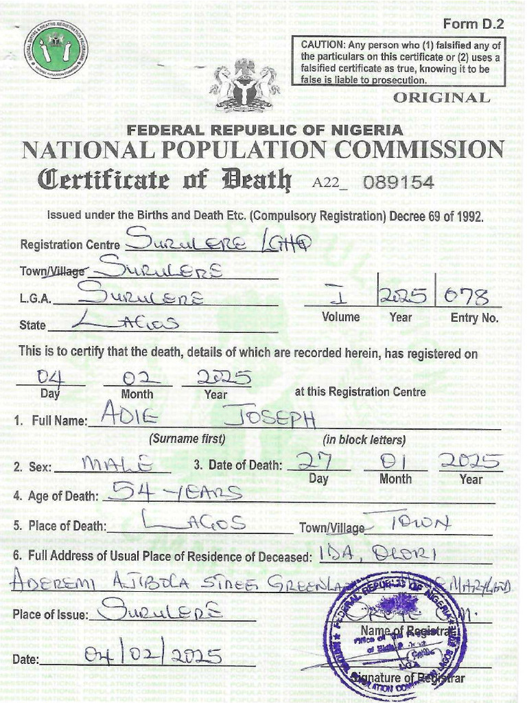 Certificate of Death 2 Joseph | PDF
