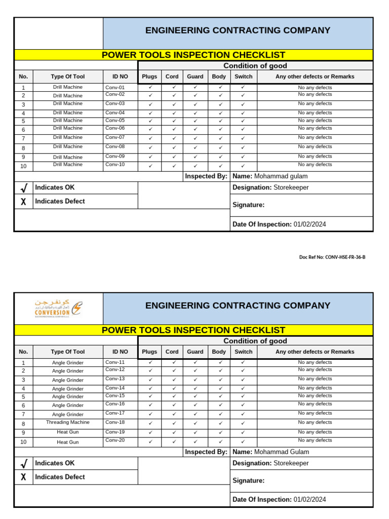 Power Tools Inspection Checklist | PDF | Machines | Cutting Tools