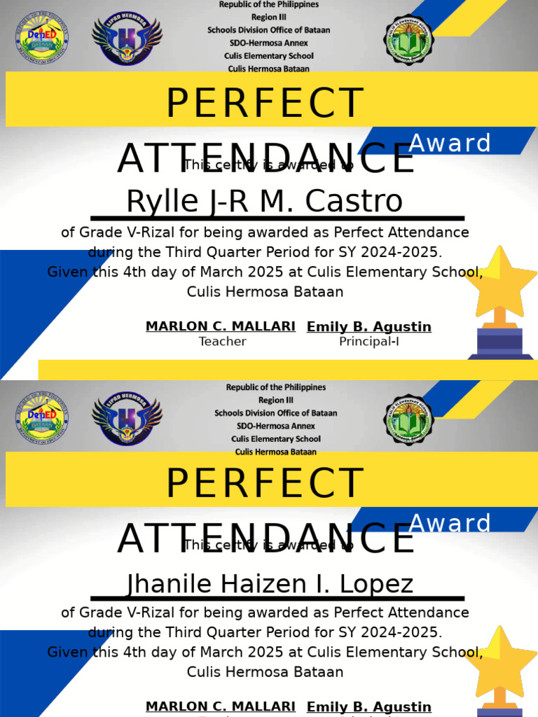 Perfect Attendance Awards - Grade V-Rizal | PDF