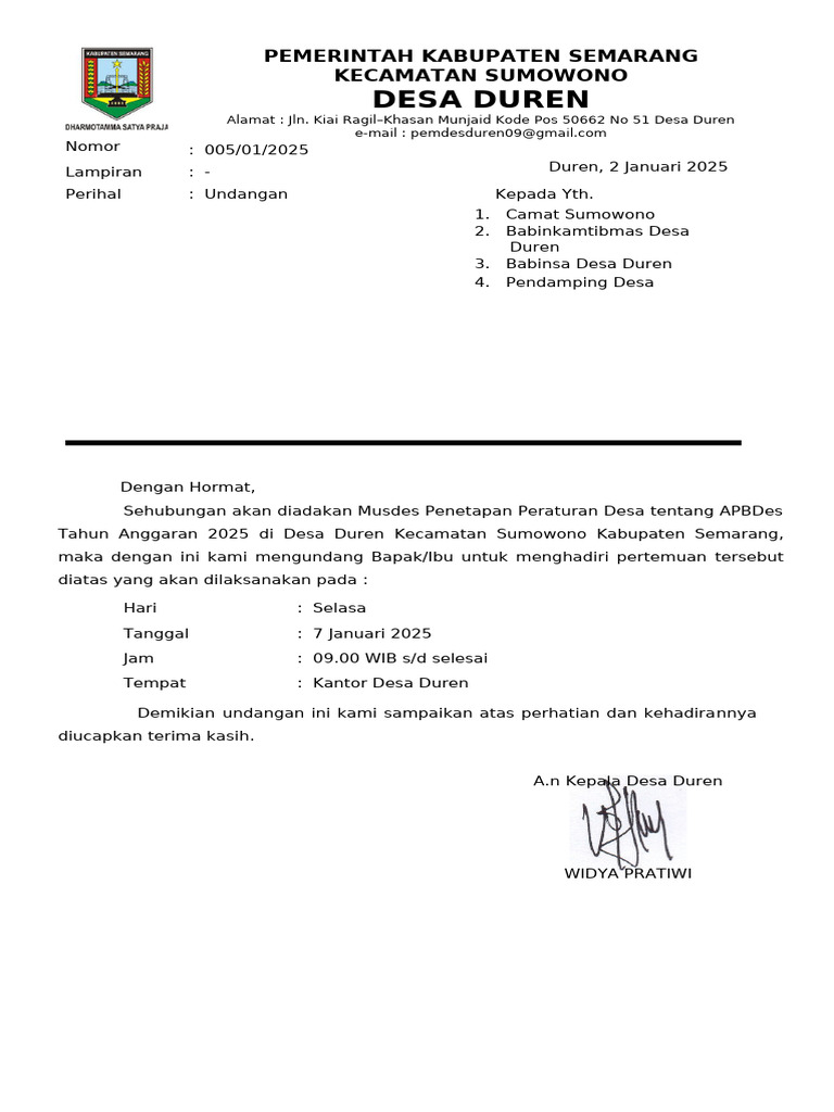 Undangan Musdes APBDes 2025 Desa Duren | PDF