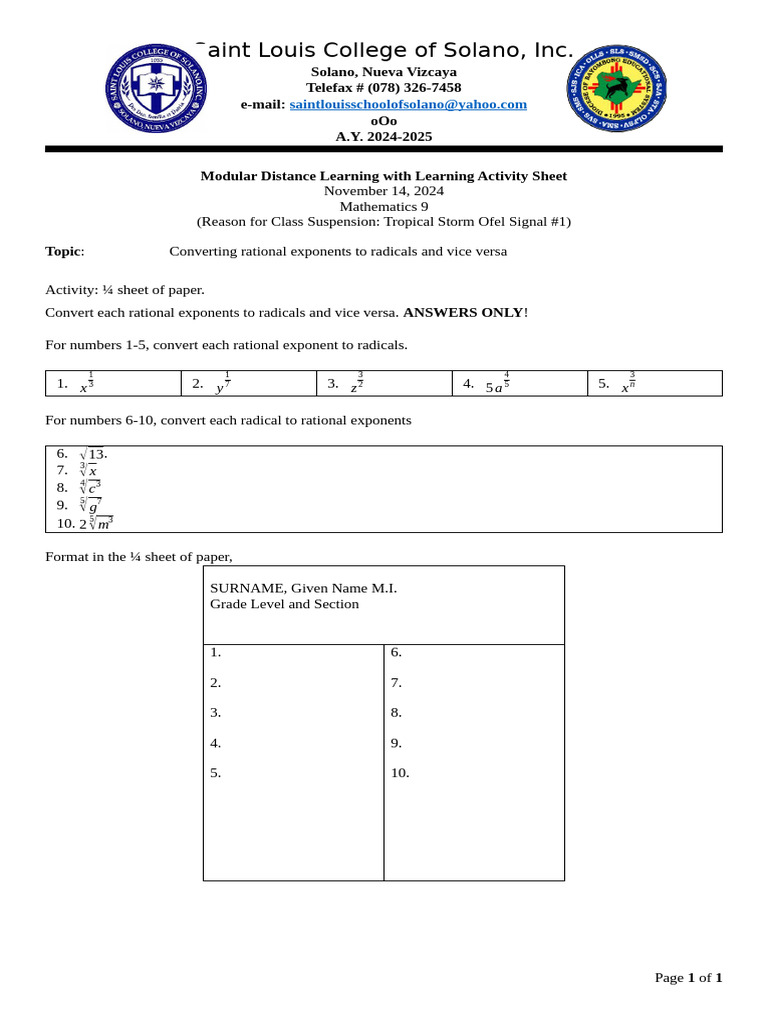 November 14 Math 9 LAS | PDF