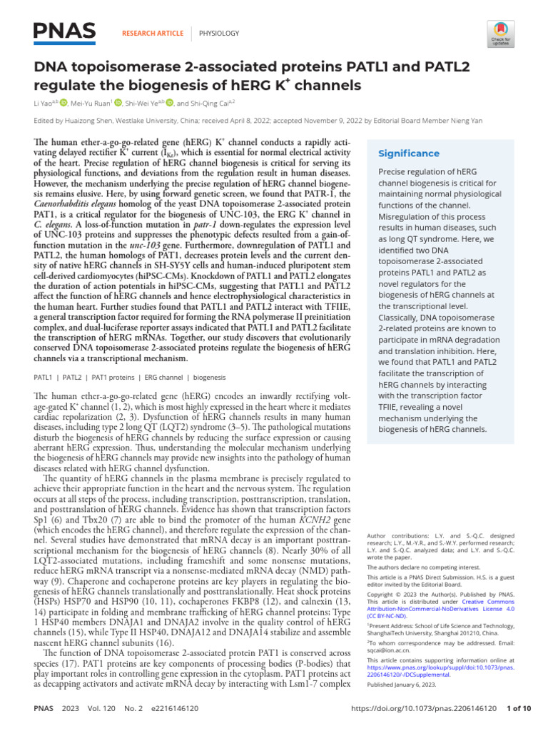 PNAS 23 DNA topoisomerase 2-associated proteins PATL1 and PATL2_hERG | PDF | Gene Expression ...