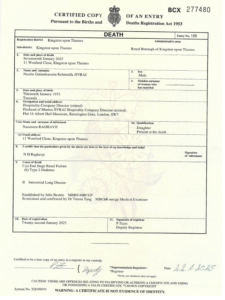 Death Certificate NJ Jan 2025 London | PDF