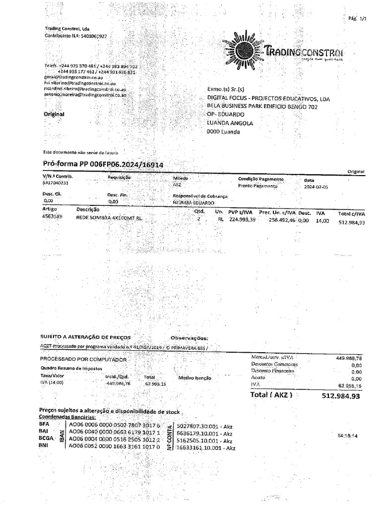 TRADING CONSTROI PROFORMA Nº FP006FP06 2024 16914 | PDF