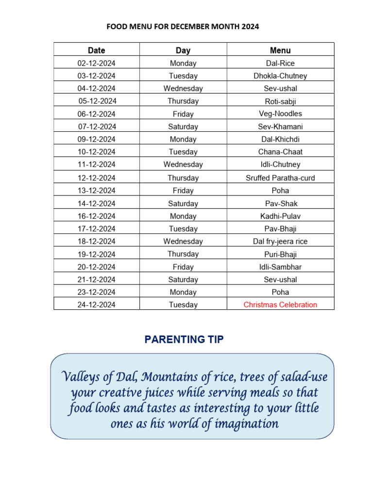 Food Menu December Month | PDF