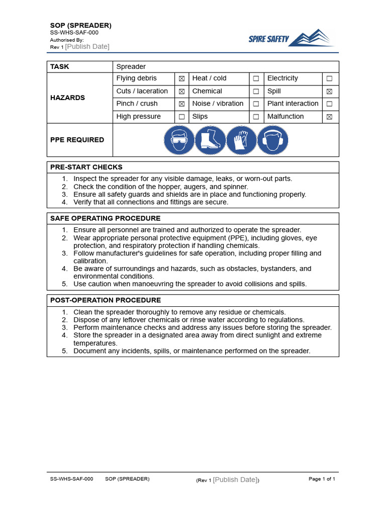 SS WHS SAF 000 Safe Operating Procedure Spreader | PDF