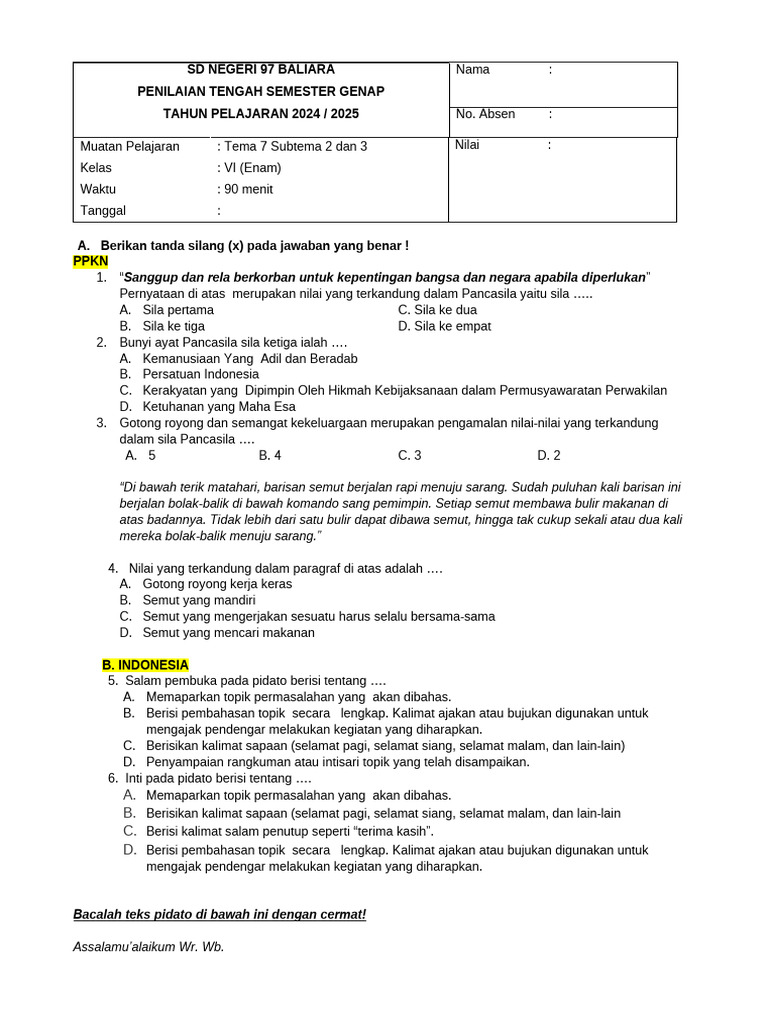 Soal PTS Kelas 6 Tema 7 Sub 2 Dan 3 | PDF