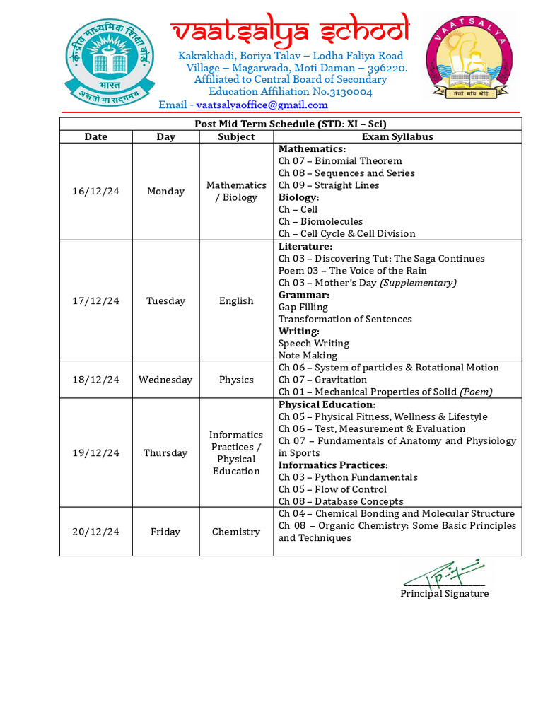 Vaatsalya School Post Mid Term Schedule | PDF | Chemistry | Applied And ...