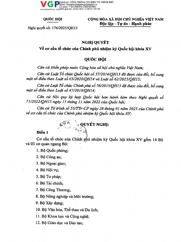 NQ 176-2025-QH15 về cơ cấu tổ chức CPhủ | PDF