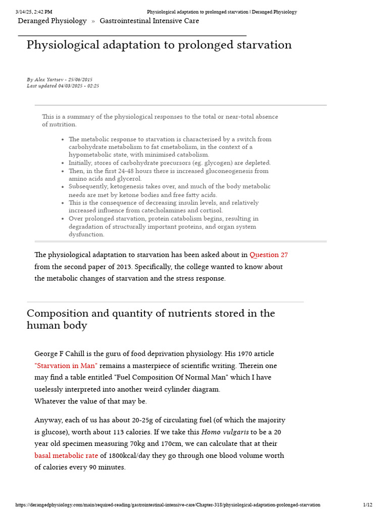 Physiological Adaptation To Prolonged Starvation | PDF | Glycogen ...