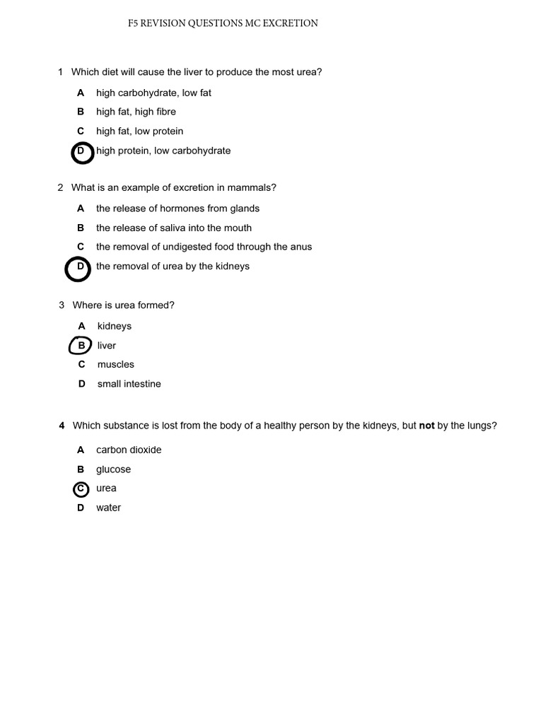 Revision Questions F5 Excretion in Humans MCQ | PDF | Kidney | Urine